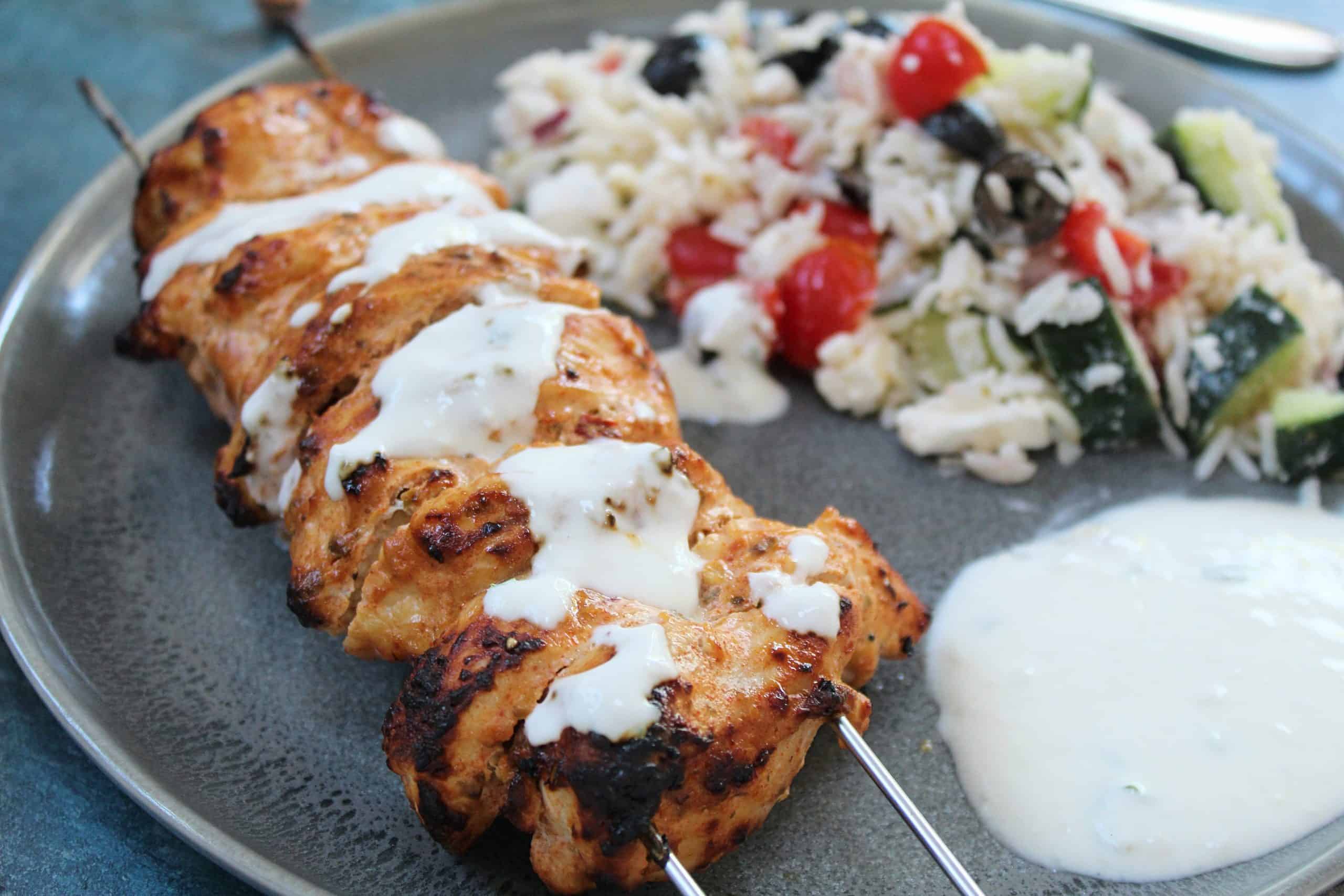 Chicken kebabs with Greek rice salad - The Gluten Free Blogger