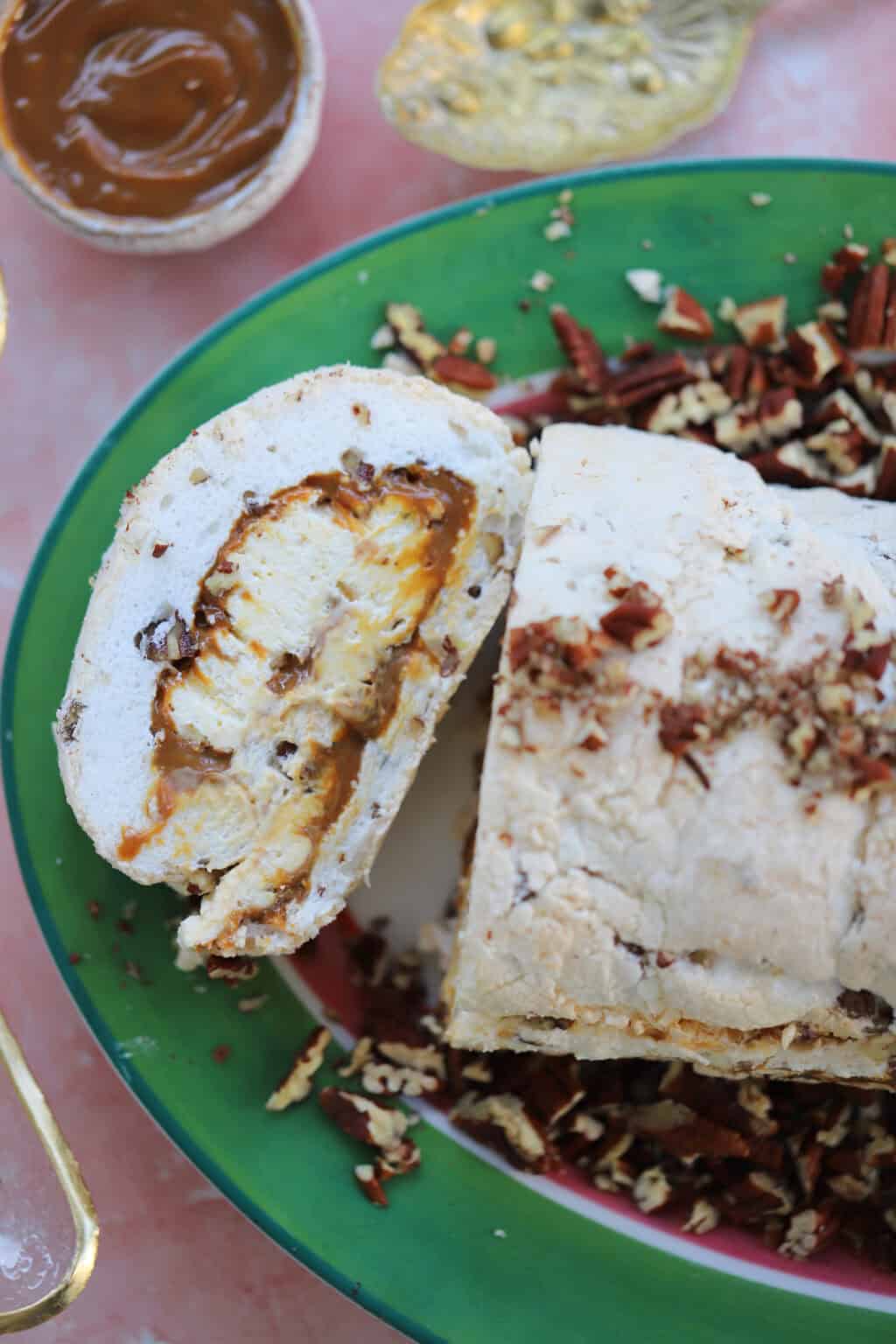 Toffee and Pecan Meringue Roulade