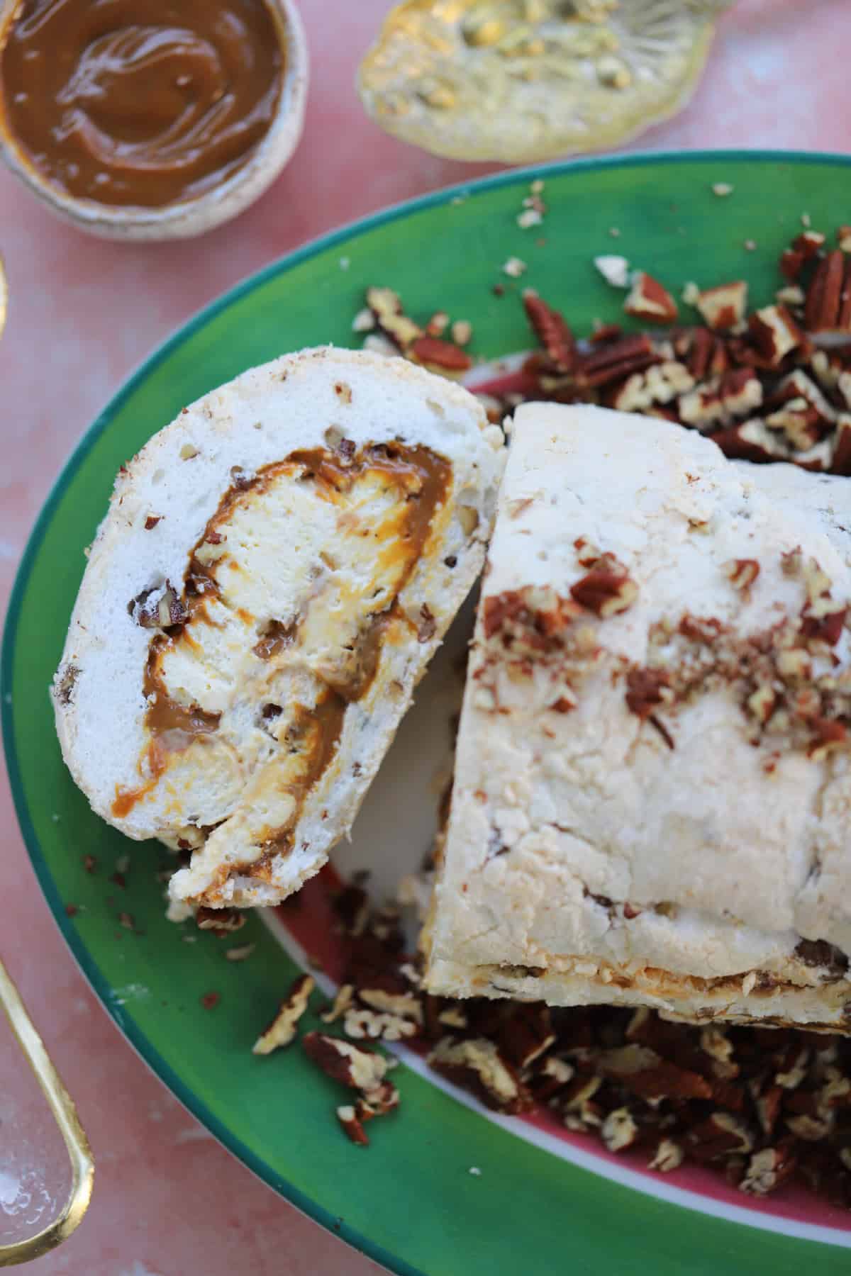 Toffee and Pecan Meringue Roulade