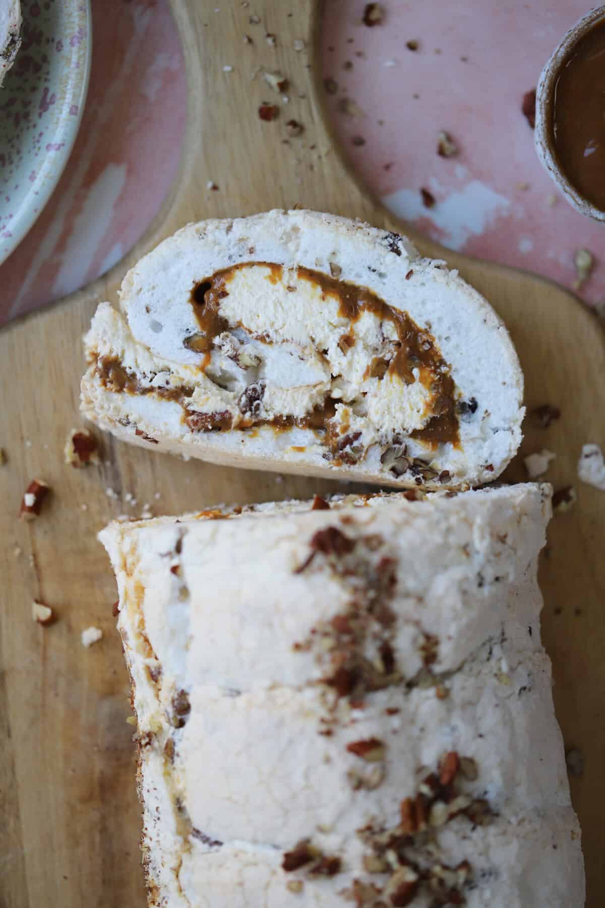 Toffee and Pecan Meringue Roulade