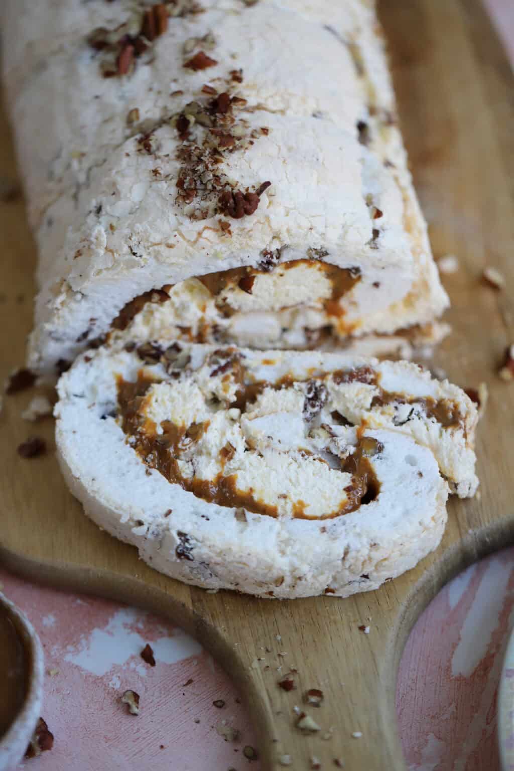 Toffee and Pecan Meringue Roulade