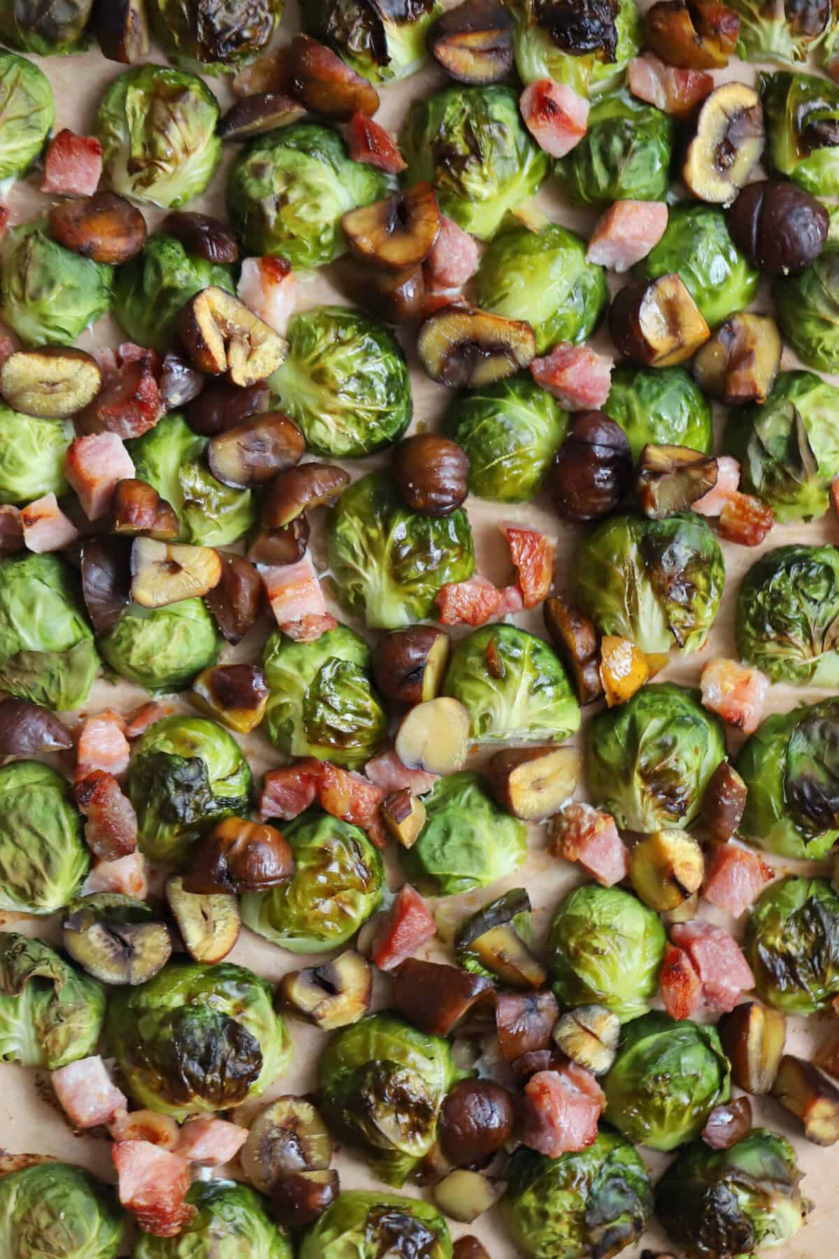 Roasted Brussels Sprouts with Bacon and Chestnuts